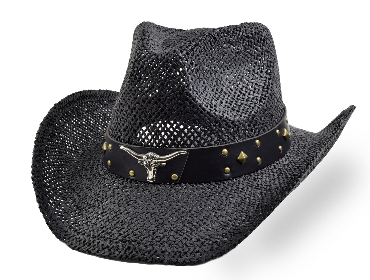 Open-Weave Black Longhorn Cowboy Hat – Breathable Western Straw Fedora ...
